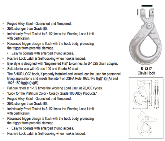 Grade 100 Clevis Positive Locking Hook Crosby S-1317 Shur-Loc (USA ...